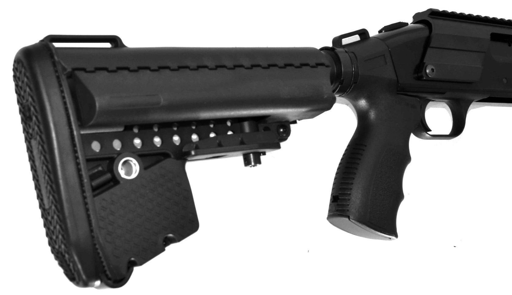 Collapsible stock compatible with Mossberg 590 20-gauge.